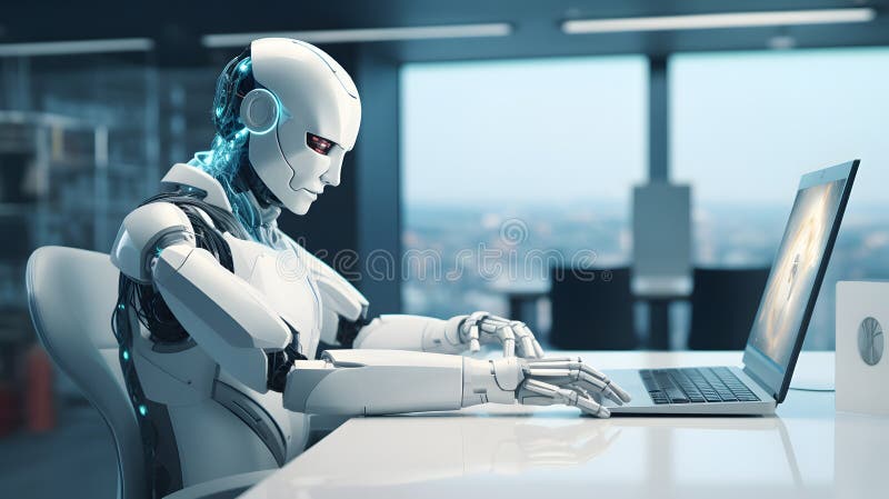 Robot Working with Modern Computer. Neural Network AI Generated Stock ...