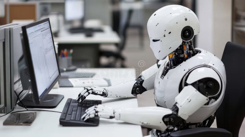 Robot Working at a Modern Office Desk Stock Photo - Image of work ...