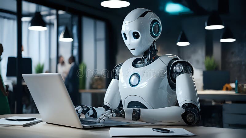 Robot Working in the Office Close Up. Team Working on Laptop in the ...