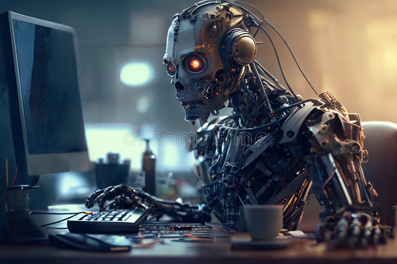 Robot Working in the Office at the Computer. Big Data Center Stock ...