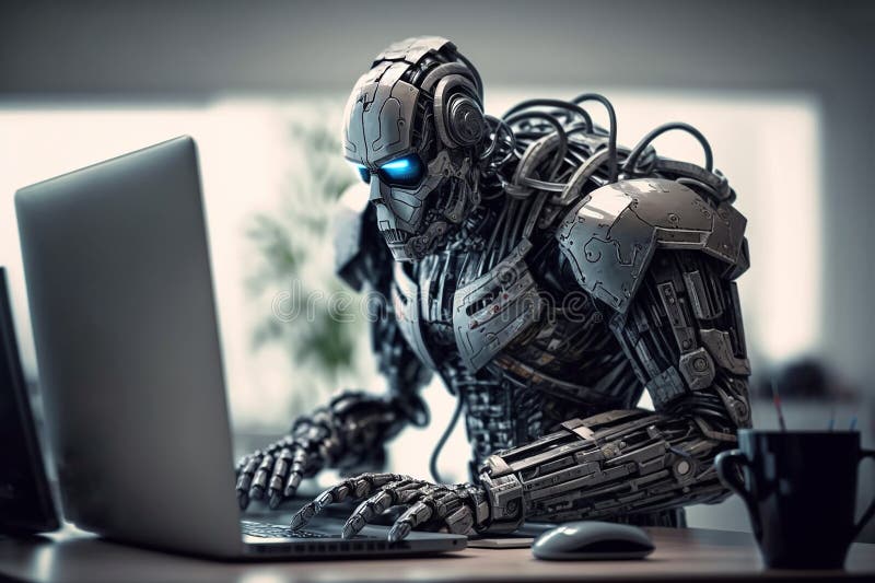 Robot Working in the Office at the Computer. Big Data Center Stock ...