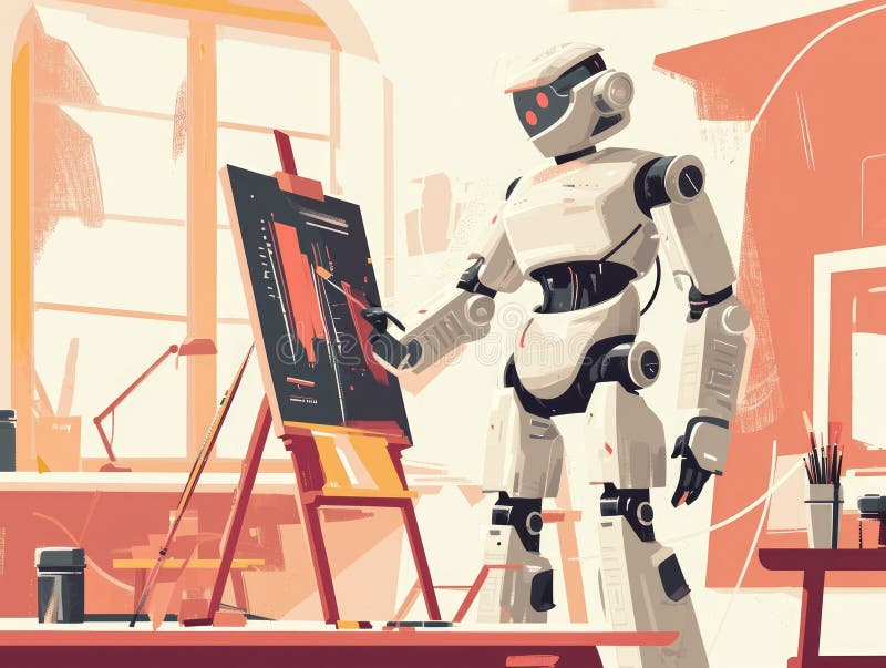 Robot Working on the Painting. Illustration in Cartoon Style Stock ...