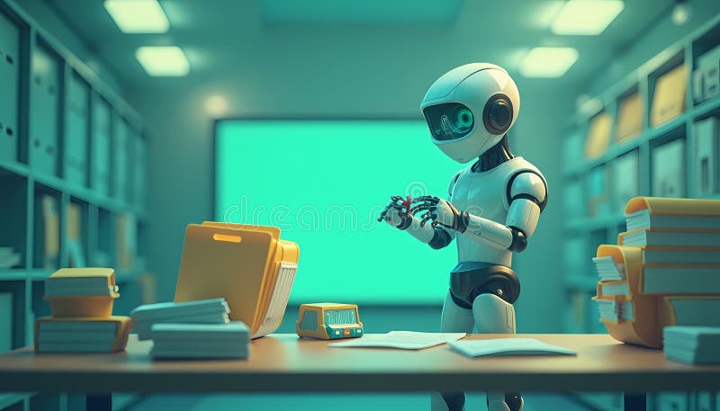 Robot Working with Paperwork in Office Stock Illustration ...