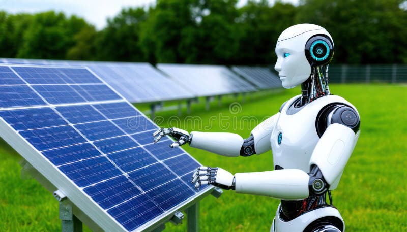 A Robot is Working on a Solar Panel Stock Illustration - Illustration ...