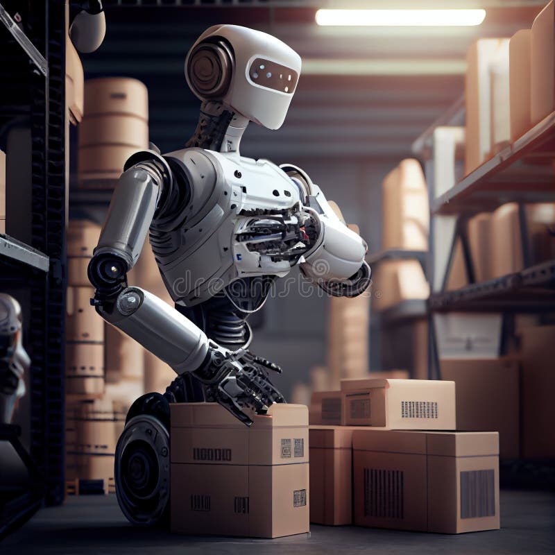 Robot Working in Warehouse for Human Labor Replacement. Stock ...