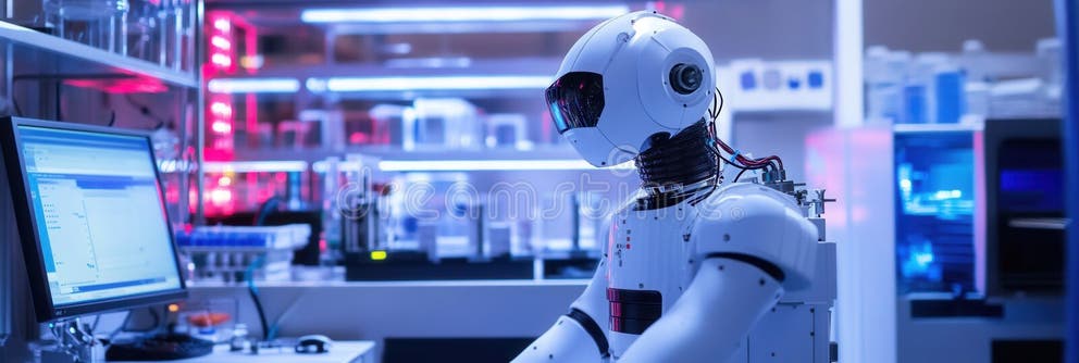 Robot Works in Advanced Laboratory with Blinking Lights and Multiple ...