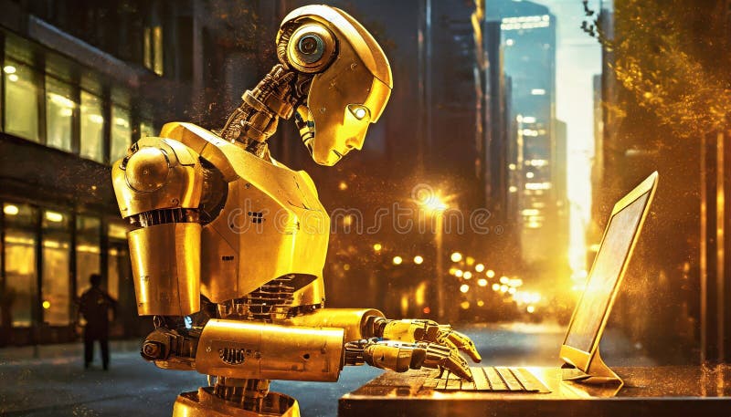 Robot Works at Laptop in the Office Interior. Generative AI Stock ...