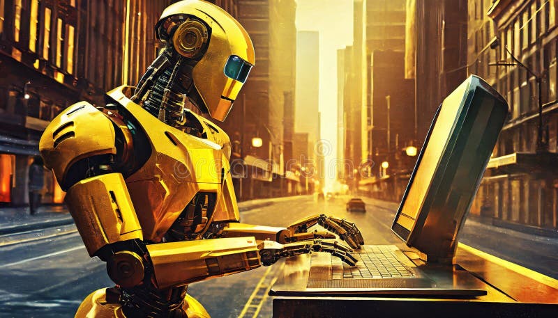 Robot Works Behind Computer Stock Illustration - Illustration of ...