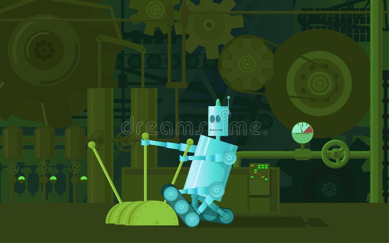 The Robot Works on the Factory Machines. Stock Vector - Illustration of ...
