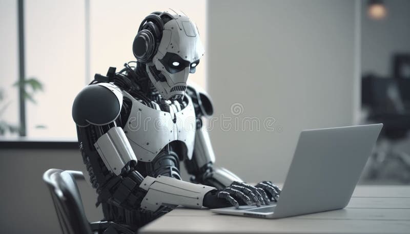 Robot Works at Laptop in the Office Interior. Generative AI Stock ... Robot Works at Laptop in the Office Interior. Generative AI Stock ...
