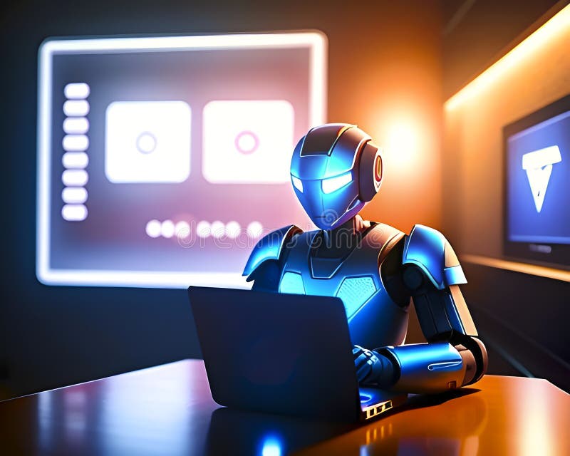 Robot Works with Laptop at Table in Dark Room with Luminous Screens in ...