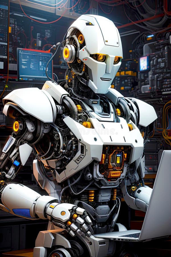 The Robot Works on a Laptop at the Table. Future Illustration Stock ...