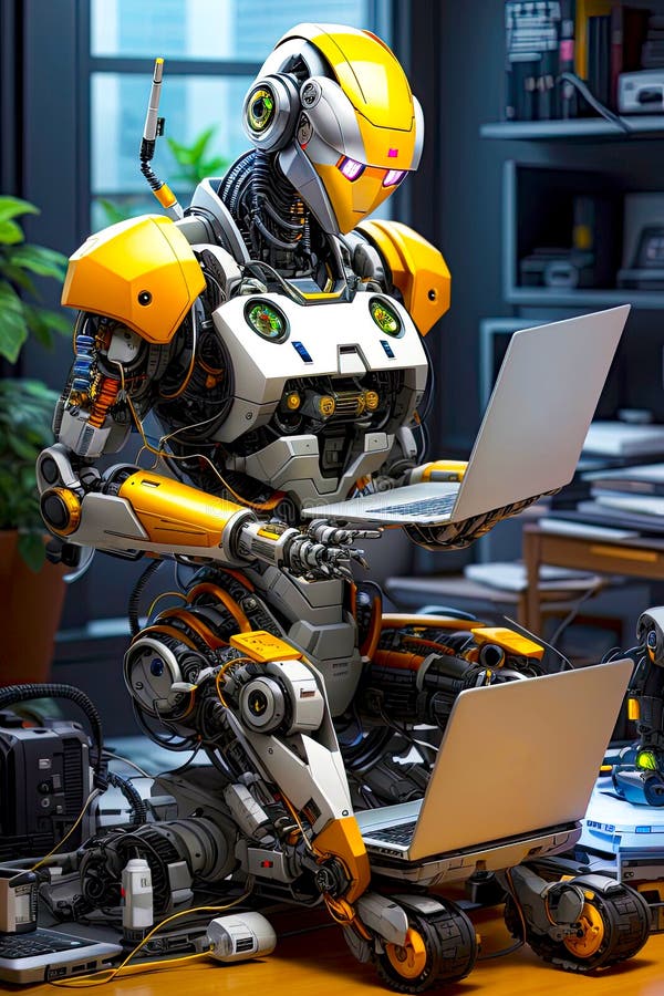 The Robot Works on a Laptop at the Table. Future Illustration Stock ...
