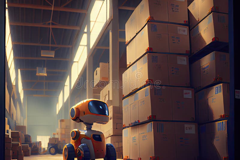 Robot Works in a Logistics Warehouse Stock Illustration - Illustration ...