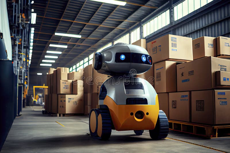 Robot Works in a Logistics Warehouse Stock Illustration - Illustration ...