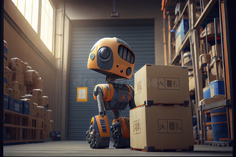 Robot Works in a Logistics Warehouse Stock Illustration - Illustration ...