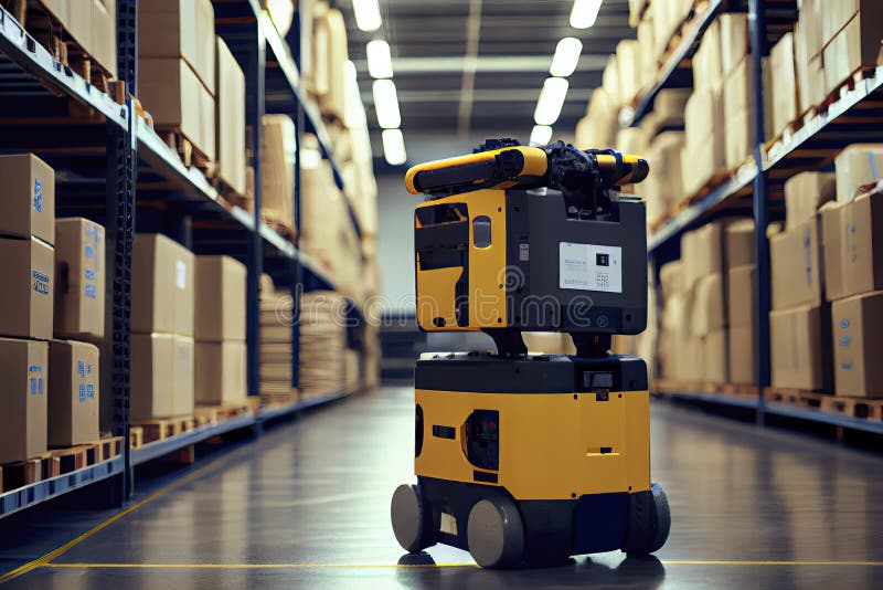 Robot Works in a Logistics Warehouse Stock Illustration - Illustration ...