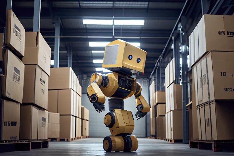 Robot Works in a Logistics Warehouse Stock Illustration - Illustration ...