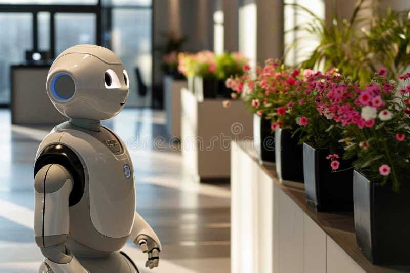 Robot Works in the Modern Office, Blurred Background. Artificial ...