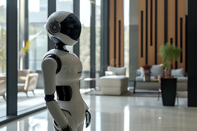 Robot Works in the Office, Blurred Background. Artificial Intelect in ...