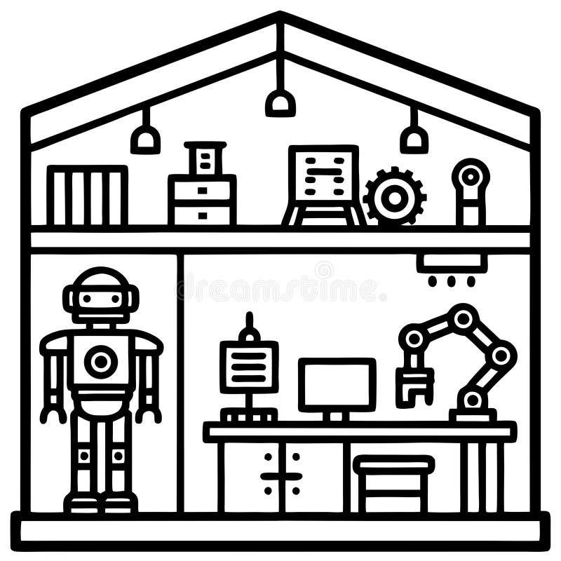 Robot Workshop Interior Design Featuring Robotic Arm and Industrial ...