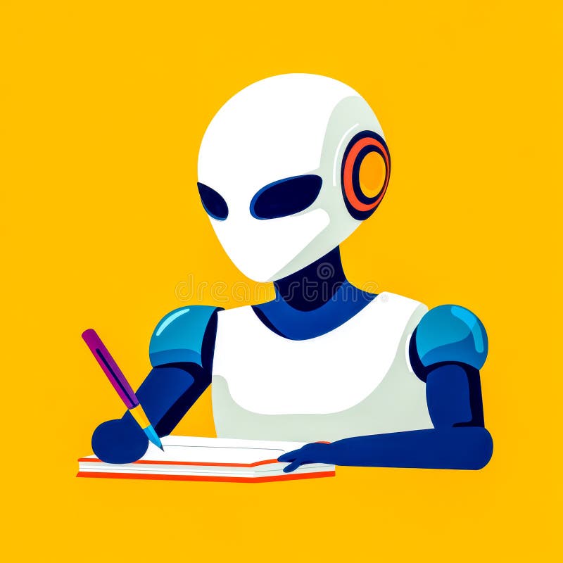 Robot Writing Notes on Notebook with Pen on Yellow Background Stock ...
