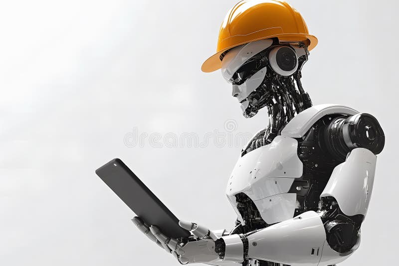 A Robot in a Yellow Hard Hat Holds a Tablet, Symbolizing Robotics in ...
