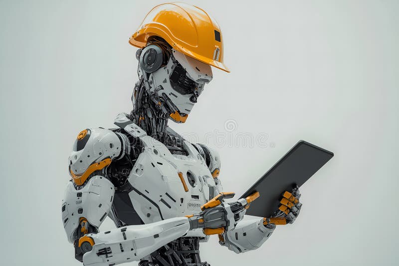 A Robot in a Yellow Hard Hat Holds a Tablet, Symbolizing Robotics in ...