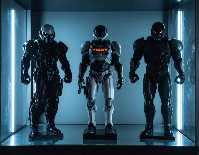 Robotic Action Figures Displayed in Lit Showcase Sci-Fi Armor ...
