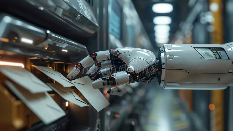 Robotic AI Hand Sorting Mail into Envelopes, Rear Angle, Office ...