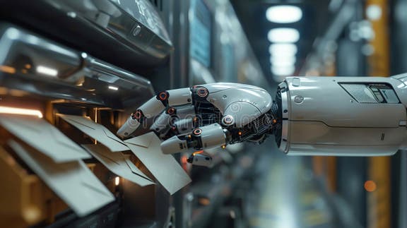Robotic AI Hand Sorting Mail into Envelopes, Rear Angle, Office ...
