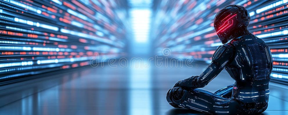 Futuristic Robot Meditating in Data Center Server Room, Digital Data ...