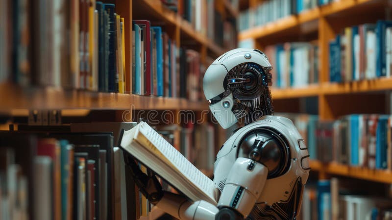 A Robotic AI Stands in a Library, Reading a Book. Generative AI Stock ...