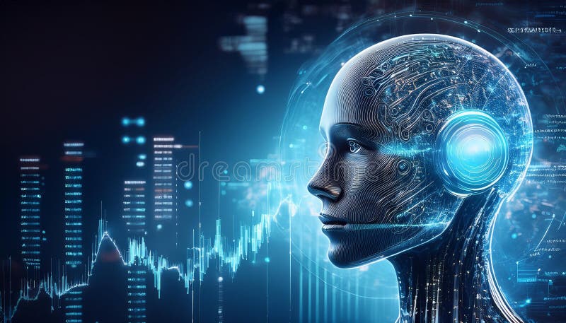 Robotic Algorithm Coding Itself Surrounded By Financial Data Streams