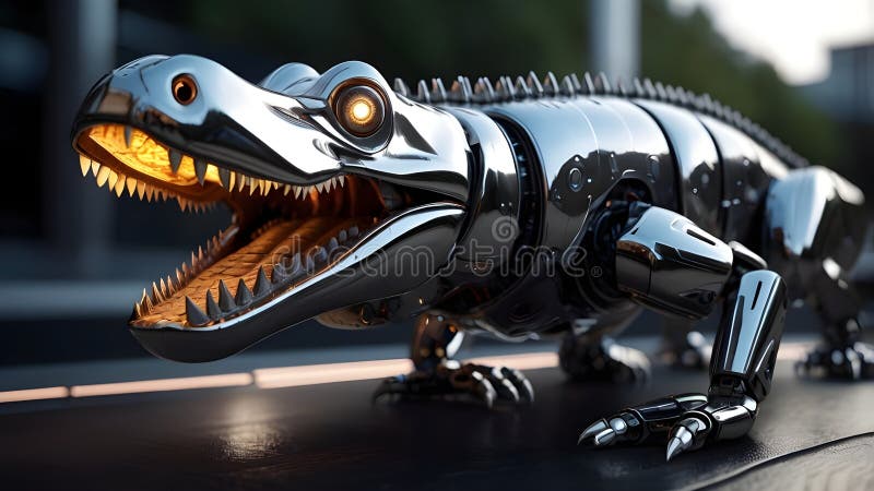 Robotic Alligator with Sleek Metallic Design and Glowing Eyes Stock ...