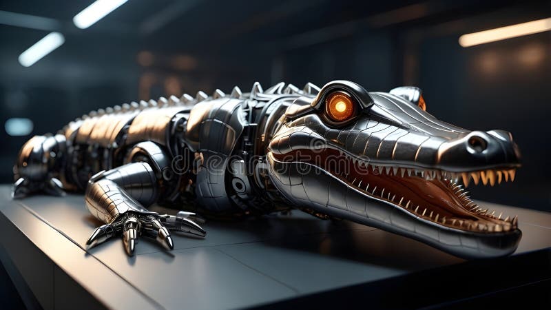 Robotic Alligator with Sleek Metallic Design and Glowing Eyes Stock ...