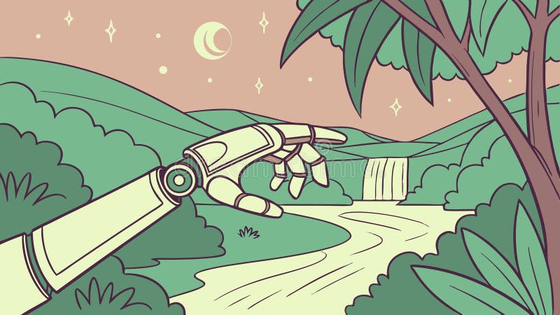 Robotic Arm Across Path, Futuristic Landscape Interaction, Vector ...