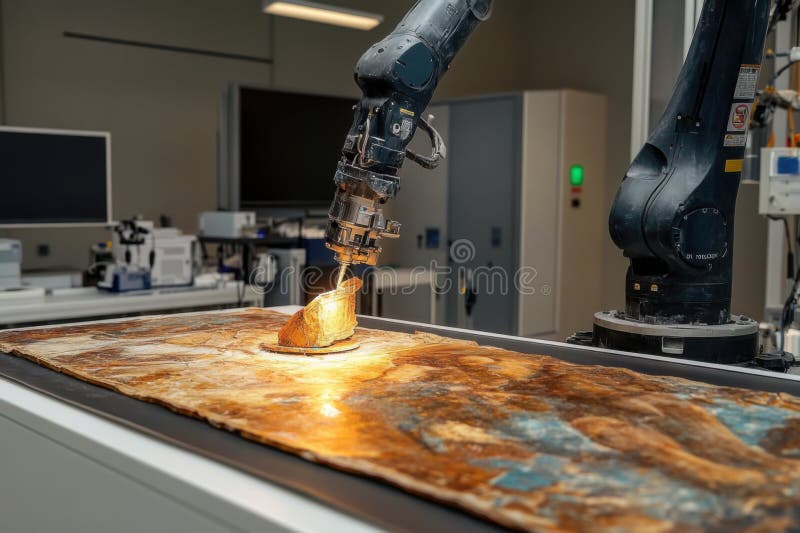 Robot Arm Performing Precision Work on a Textured Surface in a Modern ...
