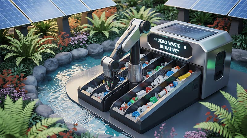 Robotic Arm Sorting Recyclables Near Solar Panels and Water Stock ...