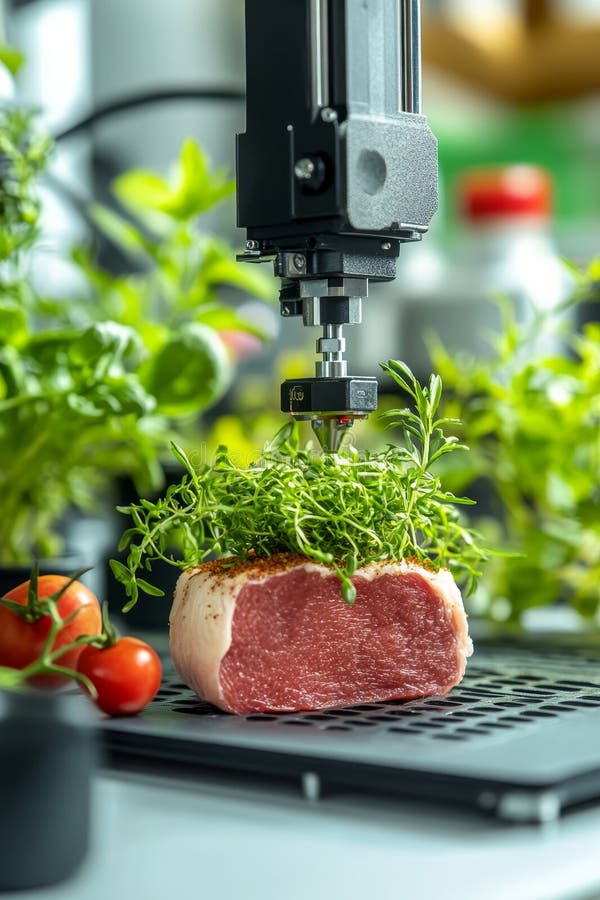 Robotic Arm Adding Fresh Herbs To Raw, Organic Beef High-Tech Food ...