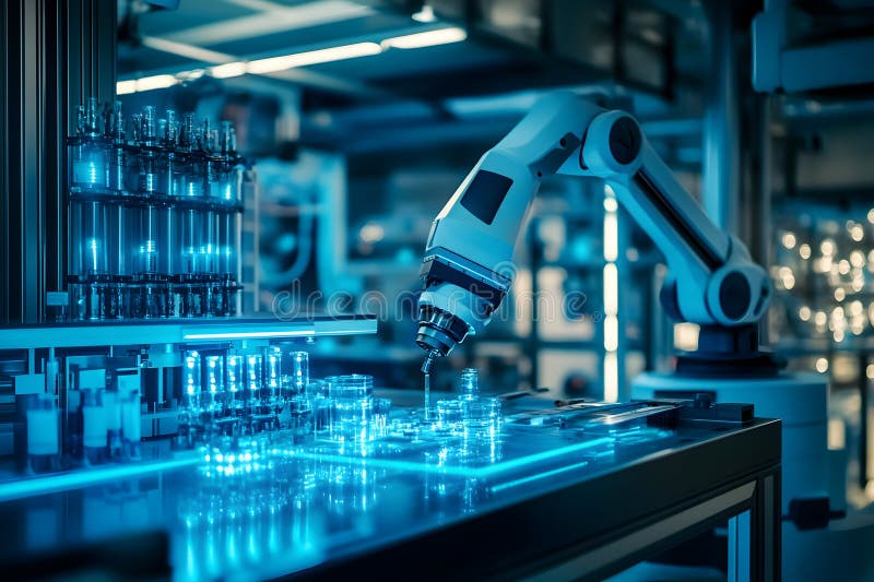 Robotic Arm in Advanced Laboratory Setting with Test Tubes and Blue ...