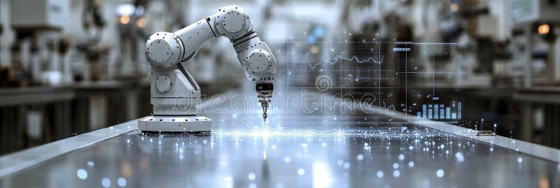 Robotic Arm Analyzes Data in Futuristic Workshop Stock Illustration ...