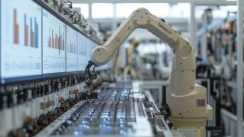 Robotic Arm Analyzing Circuitry in High-Tech Lab Stock Illustration ...
