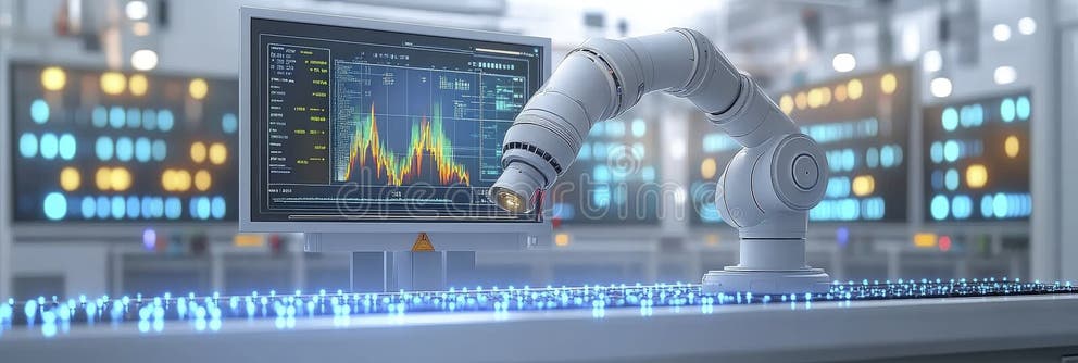 Robotic Arm Analyzing Data in Futuristic Factory Setting Stock Illustration - Illustration of ...