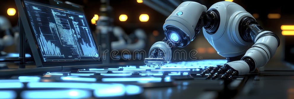 Robotic Arm Analyzing Data on Futuristic Screen Display Stock Illustration - Illustration of ...