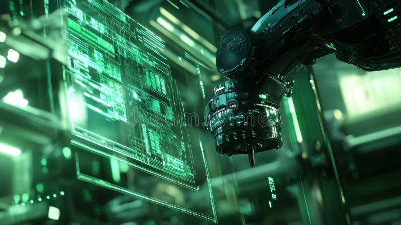 Robotic Arm Analyzing Data on Futuristic Transparent Screen in Server ...