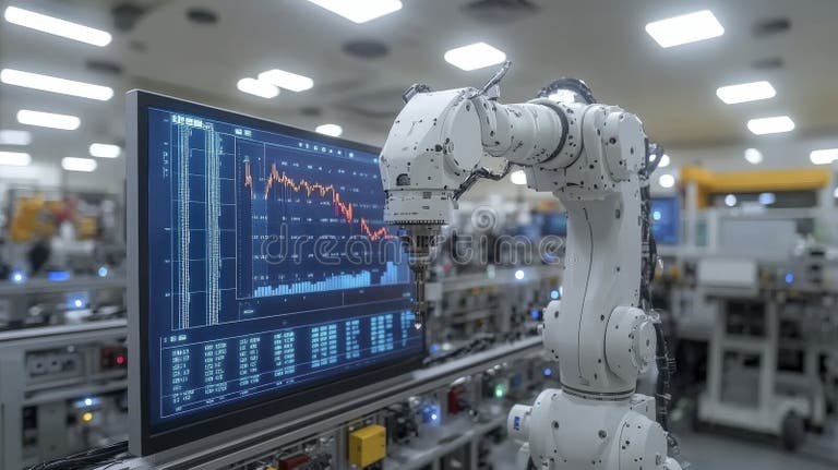 Robotic Arm Analyzing Data on Industrial Display Stock Illustration ...