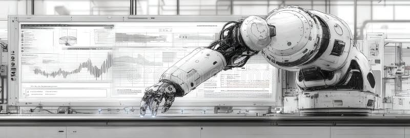 Robotic Arm Analyzing Data on Large Screen Display Stock Illustration ...