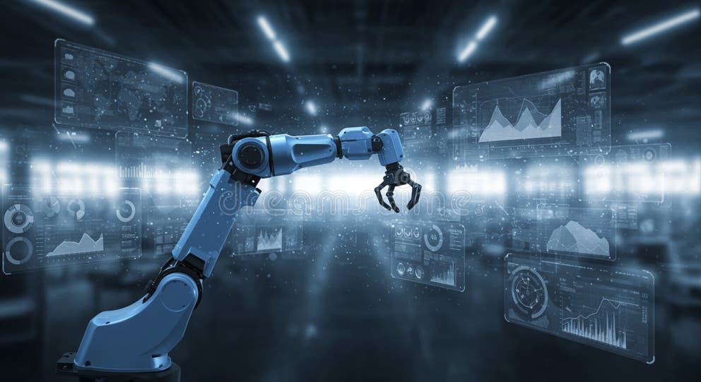 Robotic Arm Analyzing Data on Screen Displays in Modern Factory Stock ...