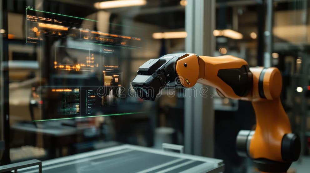 Robotic Arm Analyzing Data on Transparent Digital Display in Factory ...